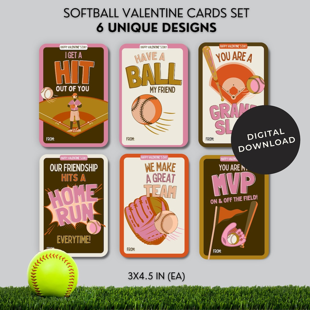 Softball Valentine Cards Set of 6 Valentine Day Class Exchange ...