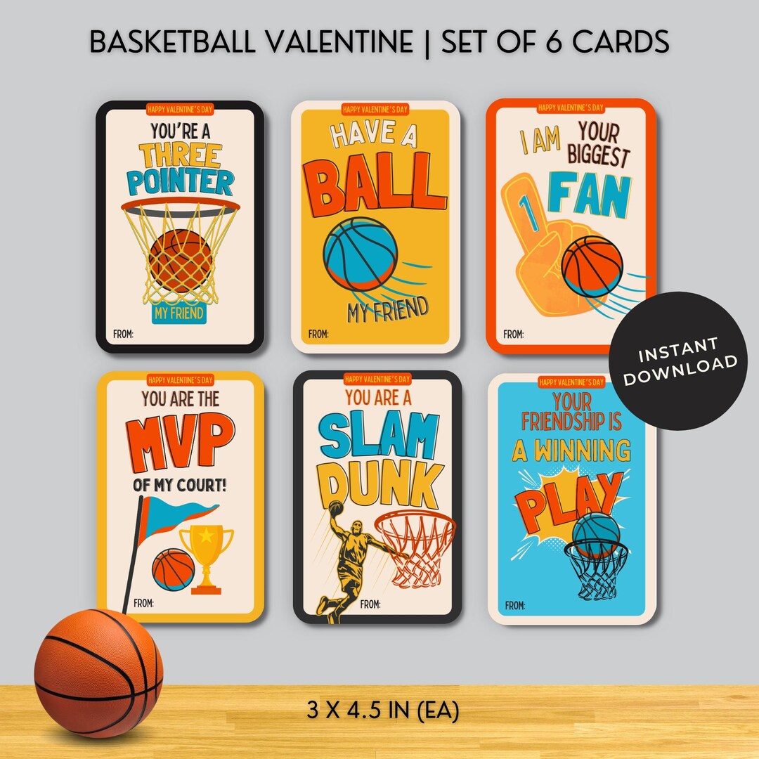 Basketball Valentine Day Cards Set Printable Sports Classroom Exchange ...