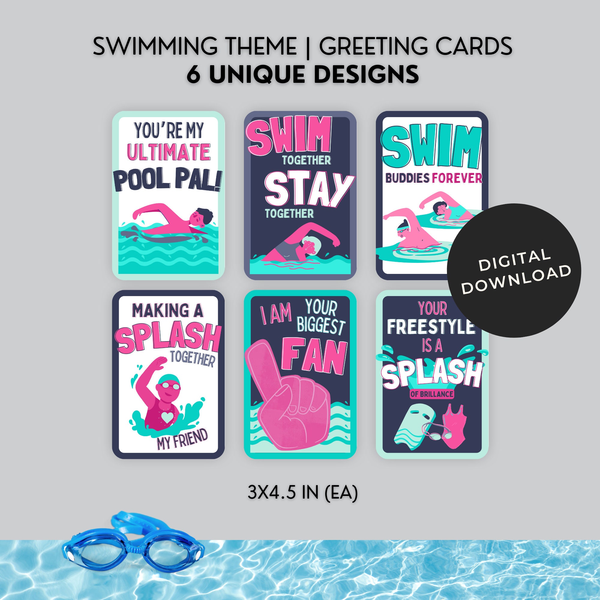 Swimming Greeting Cards Set Swim Team Cards Sports Valentine Day ...