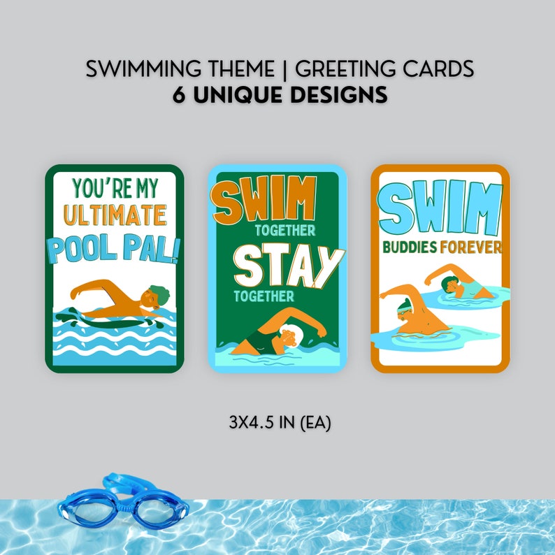 Swimming Greeting Cards Set, Swimming Valentine Day, Printable Kids ...