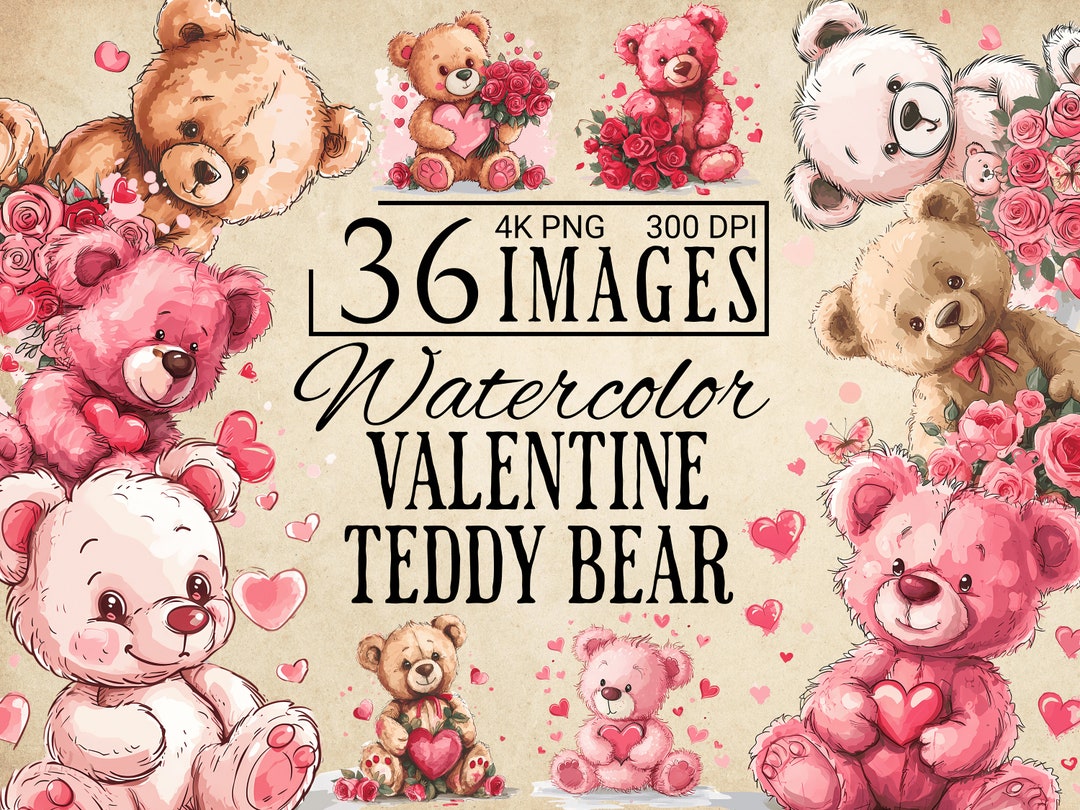 Watercolor Valentine Teddy Bear, 36 High Quality PNG, Teddy Bear ...