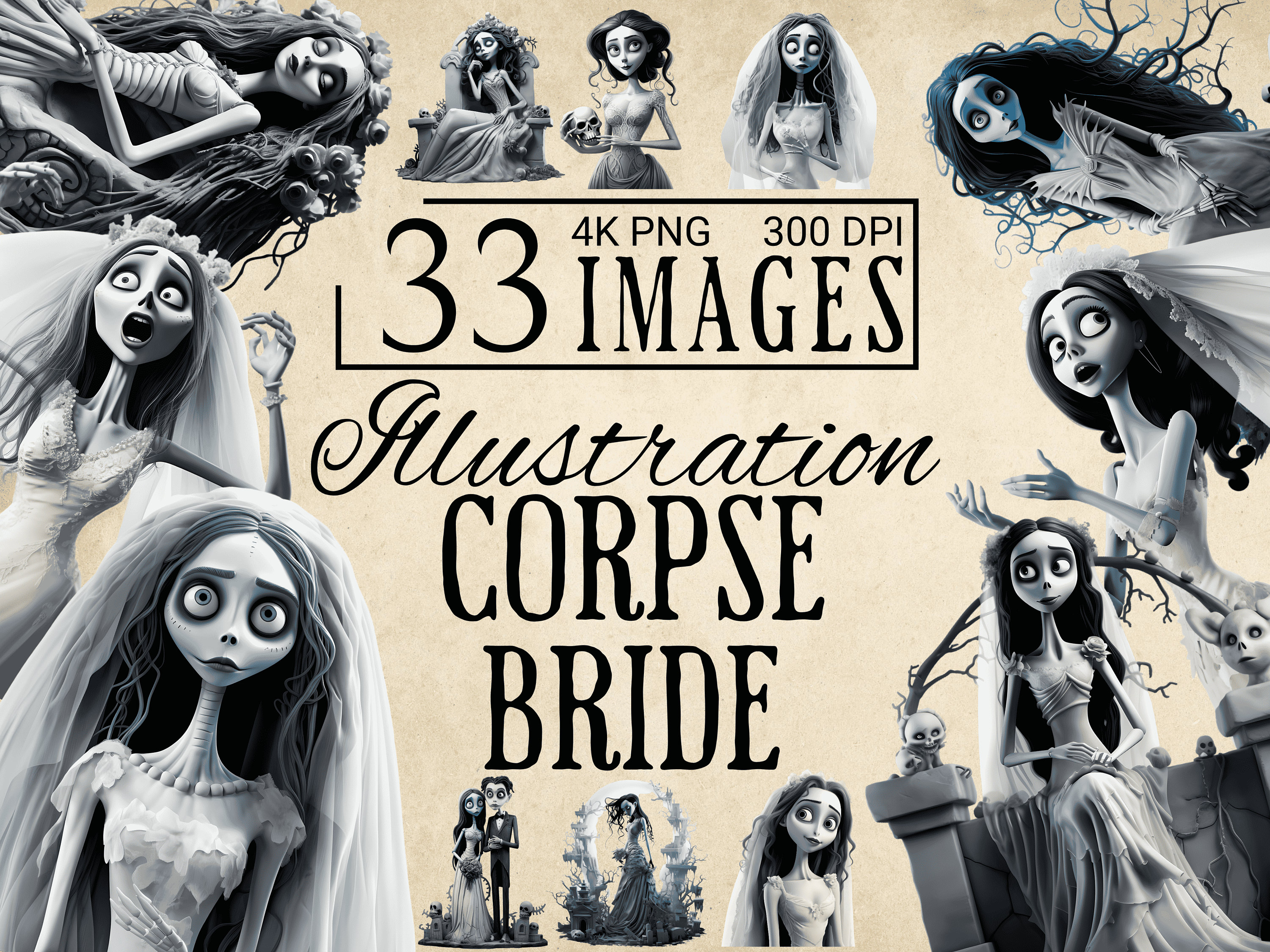 33 PNG Corpse Bride Illustartions, Clipart Bundle, Tim Burton Bride ...