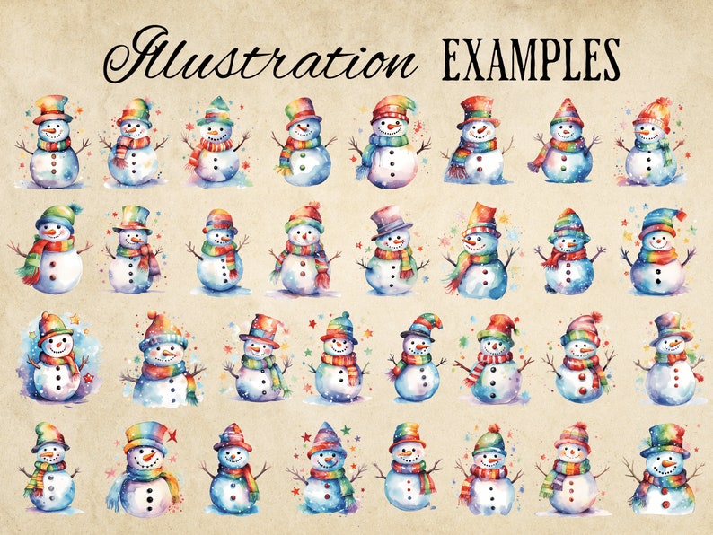 32 Watercolor Rainbow Snowman Christmas Clipart, Winter Clipart Bundle ...