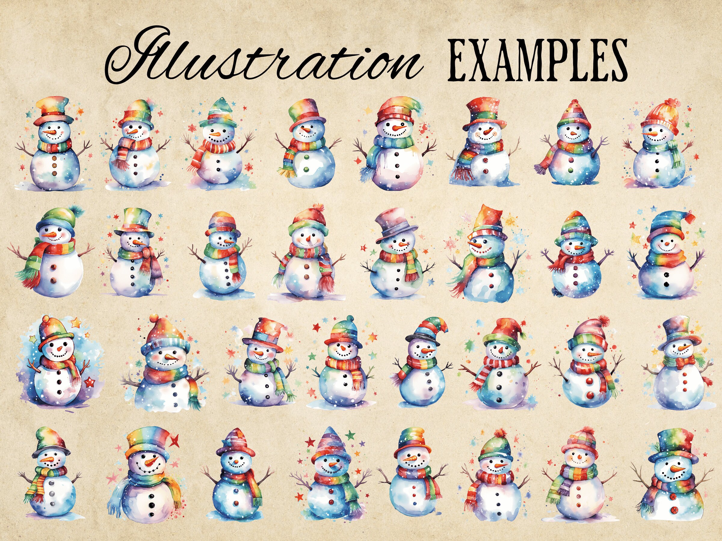 32 Watercolor Rainbow Snowman Christmas Clipart Winter - Etsy