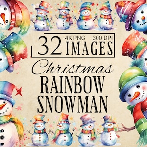 32 Watercolor Rainbow Snowman Christmas Clipart, Winter Clipart Bundle ...