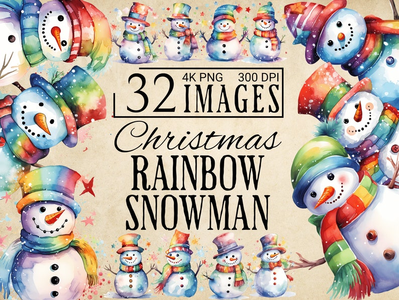 32 Watercolor Rainbow Snowman Christmas Clipart, Winter Clipart Bundle ...