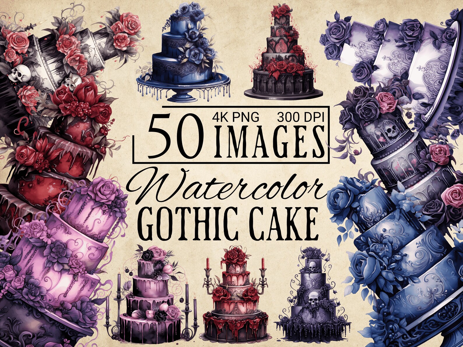 Watercolor Gothic Cake Clipart, 50 High Quality PNG, Gothic Clipart ...
