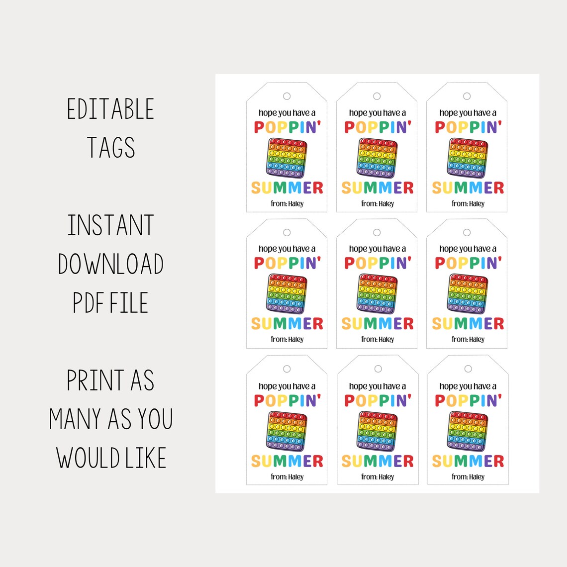 EDITABLE End of School Year Tags, Last Day of School Tag, Poppin Summer ...