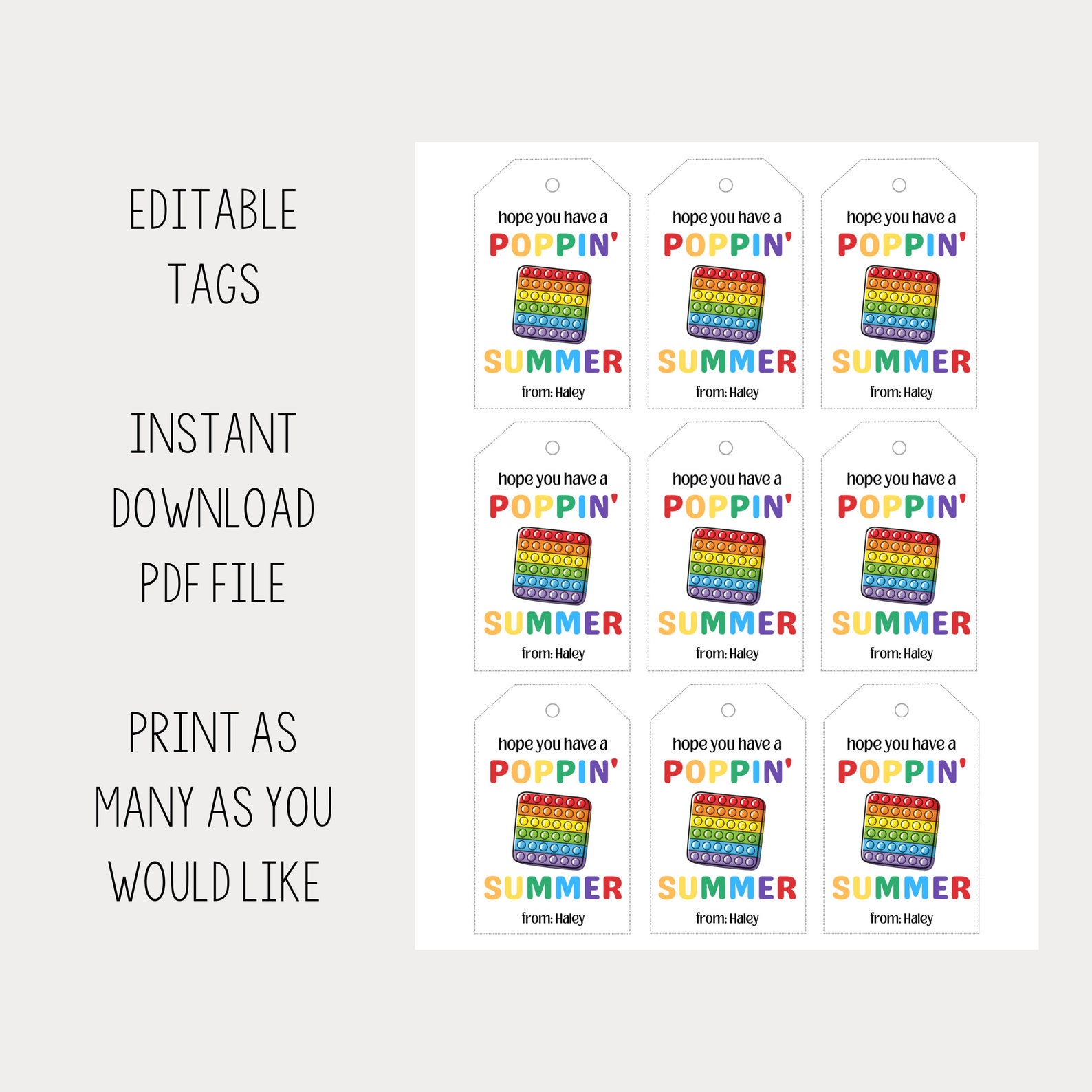 EDITABLE End of School Year Tags, Last Day of School Tag, Poppin Summer ...