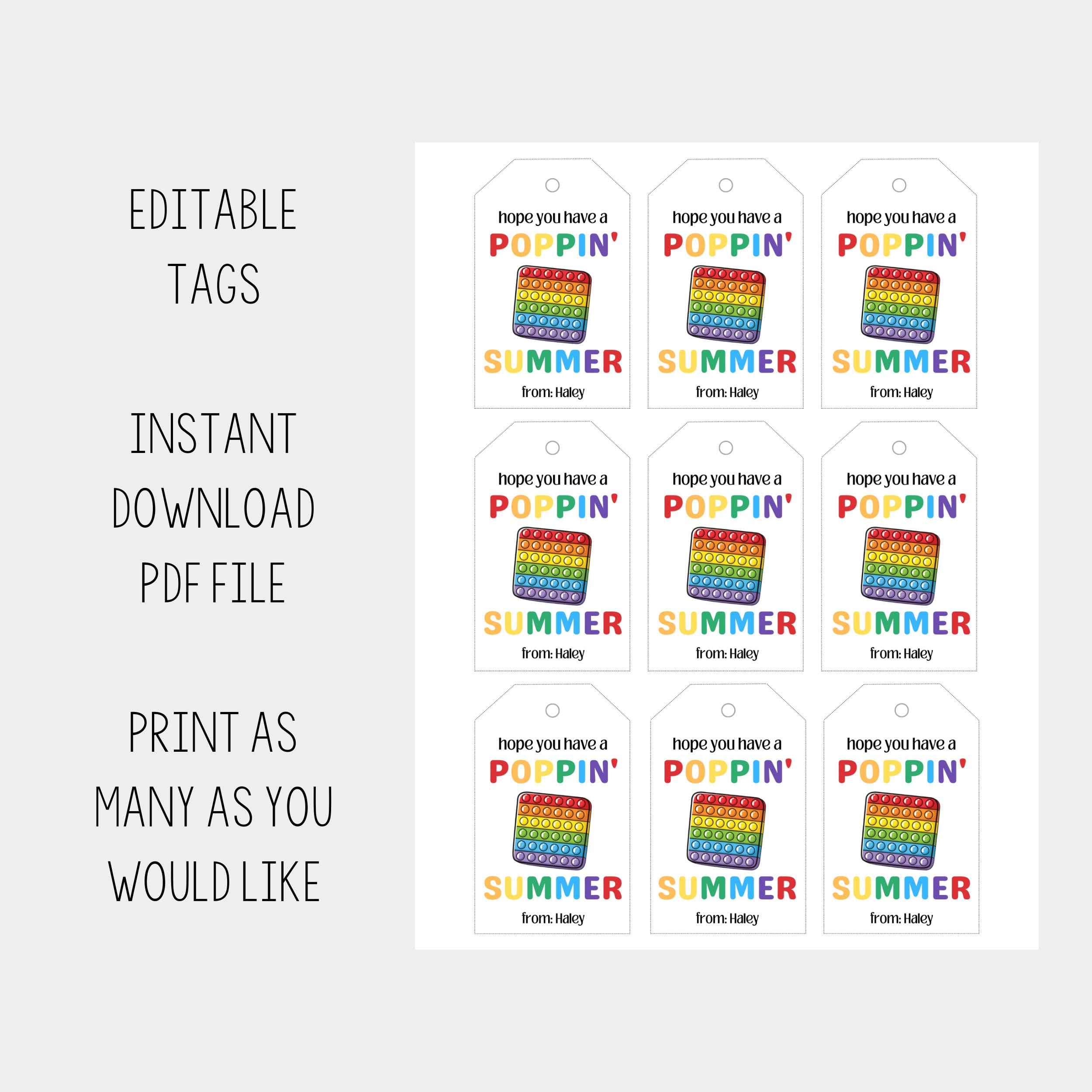 EDITABLE End of School Year Tags, Last Day of School Tag, Poppin Summer ...