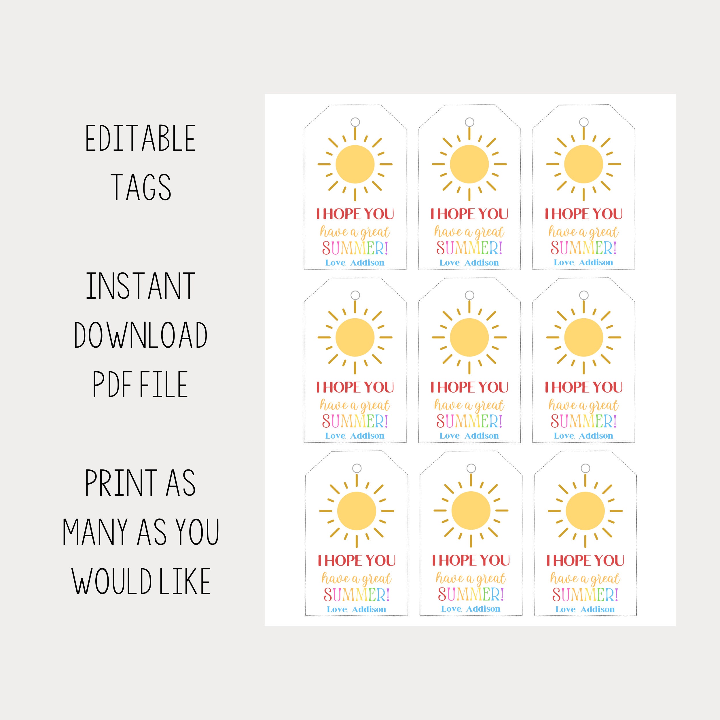 EDITABLE End of School Year Tags, Last Day of School Tag, Summer Class ...