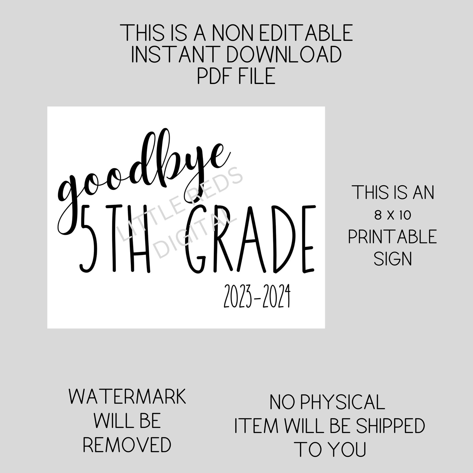 Goodbye 5th Grade Sign, Printable Last Day of School Sign, Fifth Grade ...