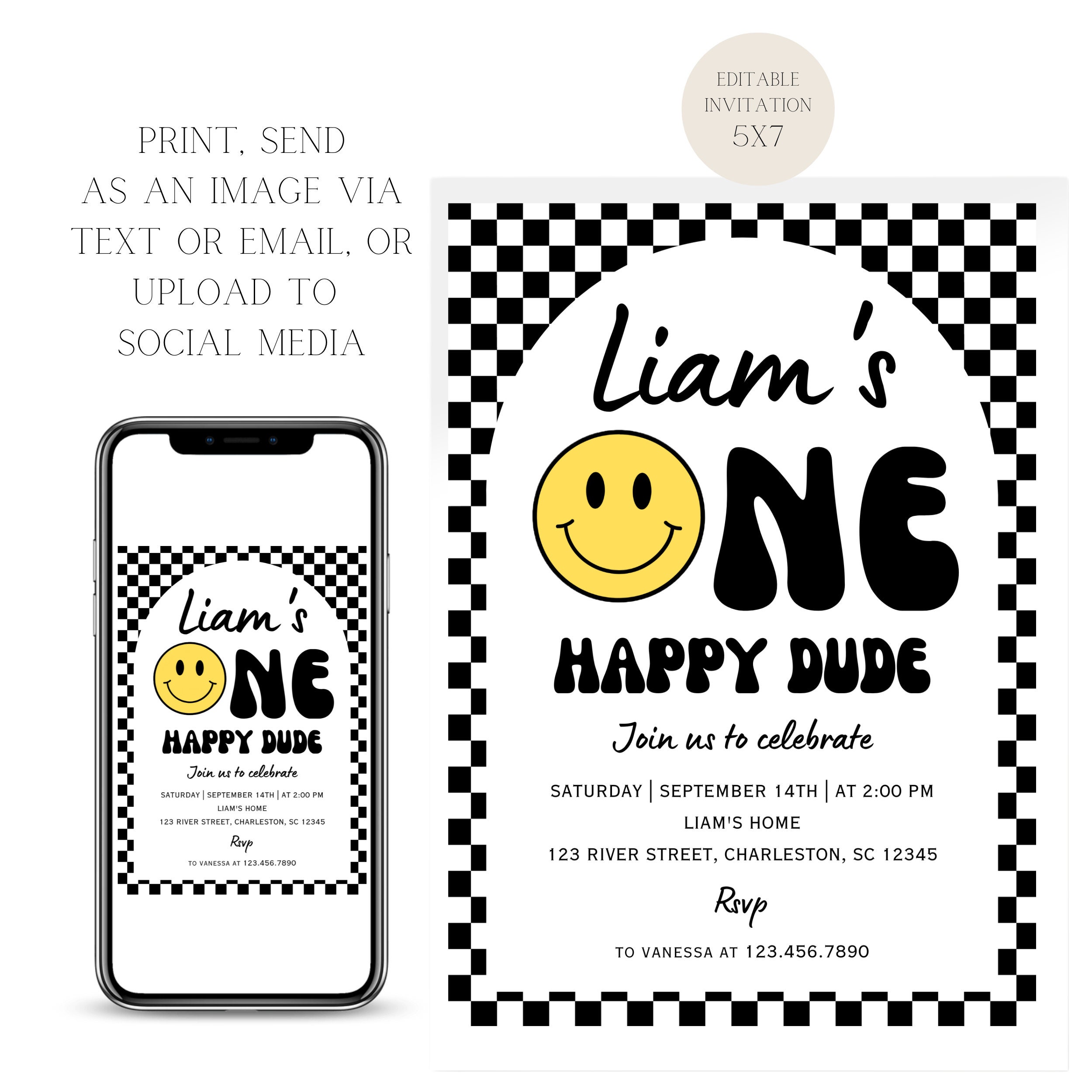 ONE Happy Dude Birthday Invitation Boy's 1st Birthday Invitation Happy ...