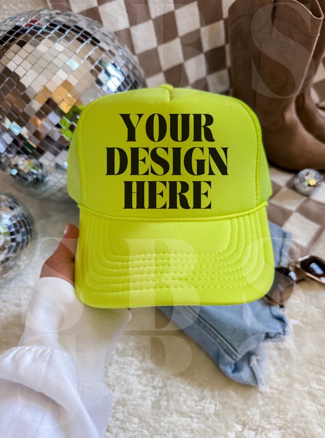 Neon Yellow Otto Trucker Hat Mockup Neon Hat Mock Beach Hat Trucker Hat ...