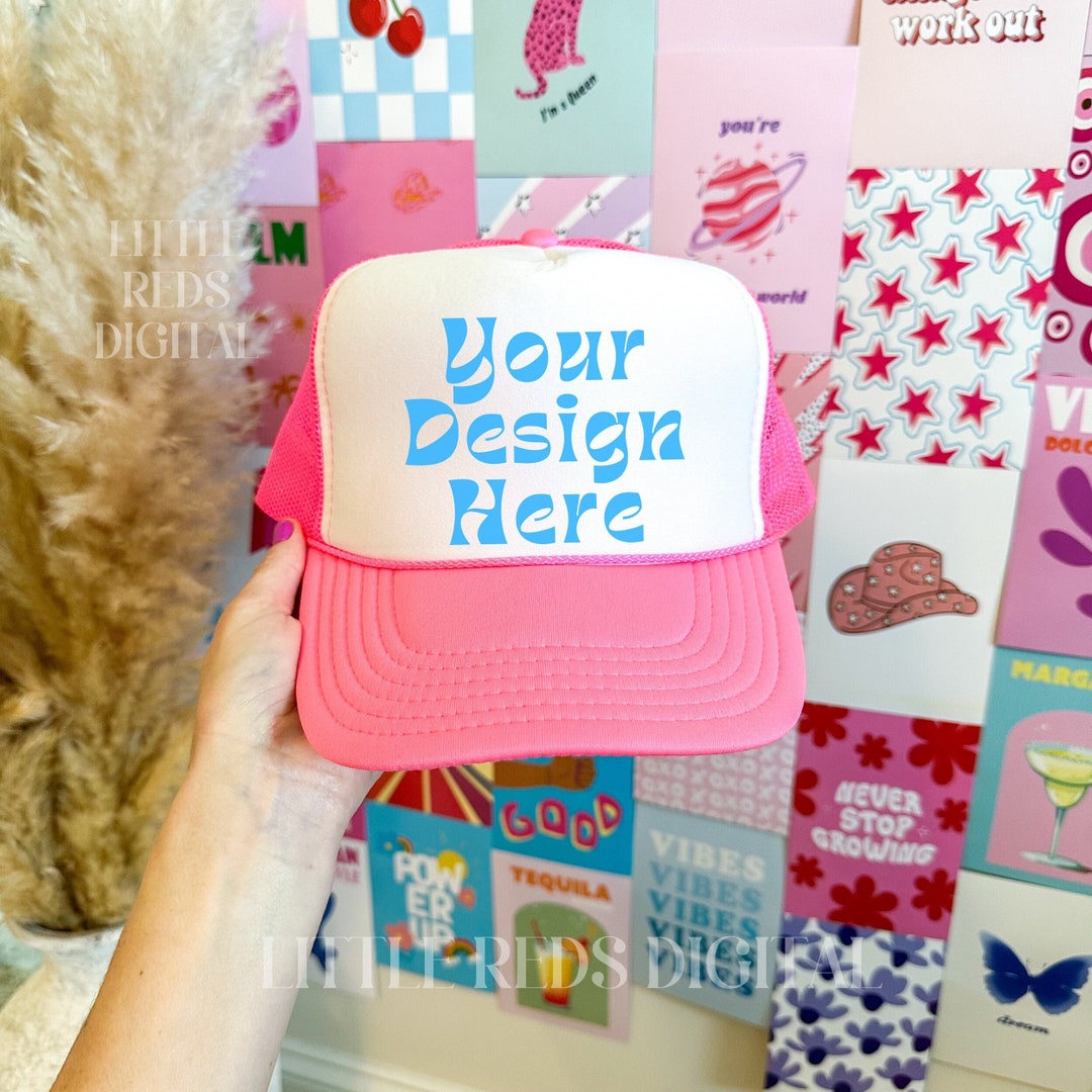 Neon Pink Otto Trucker Hat Mockup Tan Hat Mock Beach Hat Trucker Hat ...