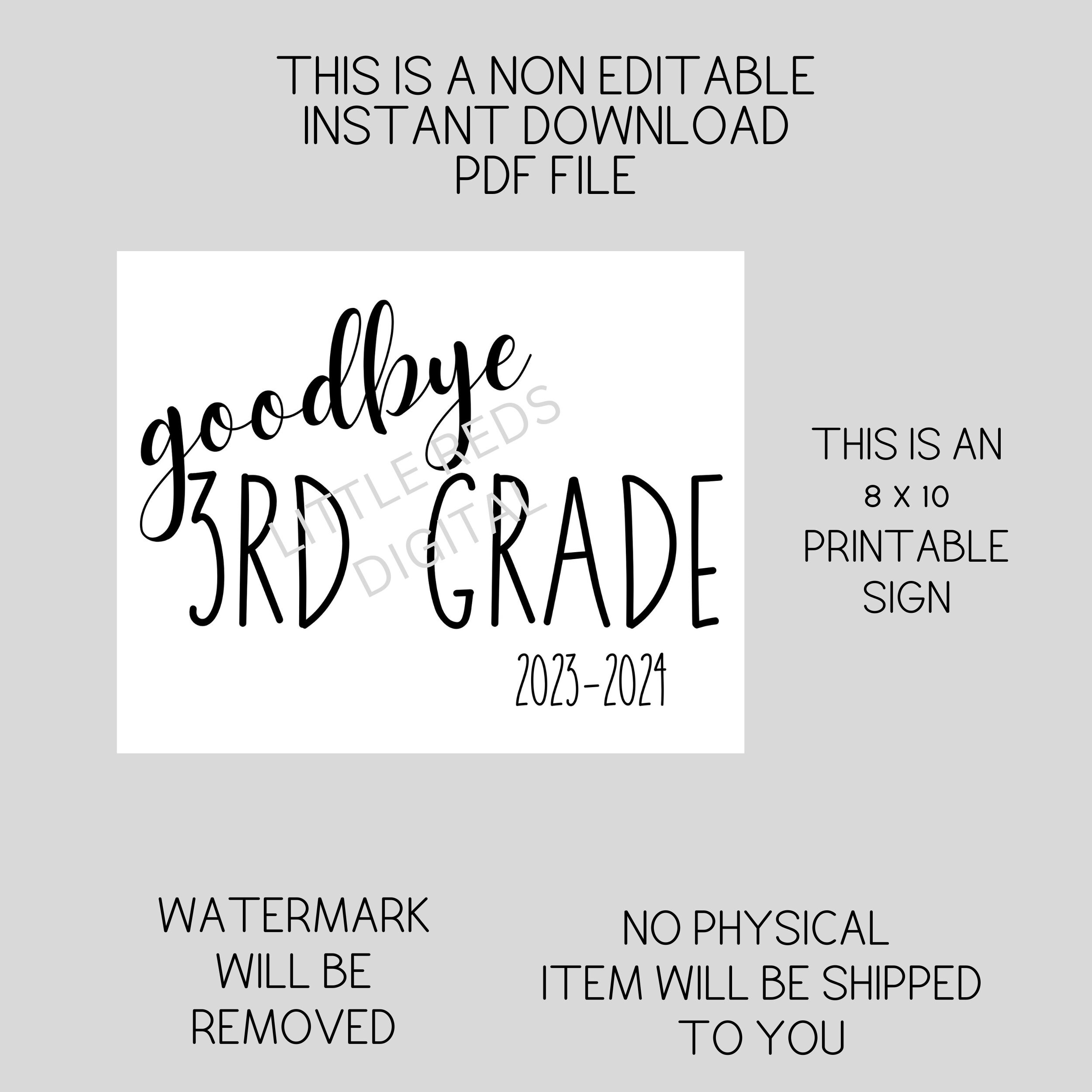 Goodbye 3rd Grade Sign, Printable Last Day of School Sign, Third Grade ...
