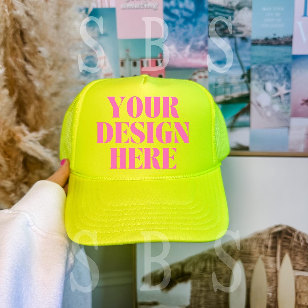 Neon Yellow Otto Trucker Hat Mockup Neon Hat Mock Beach Hat Trucker Hat ...