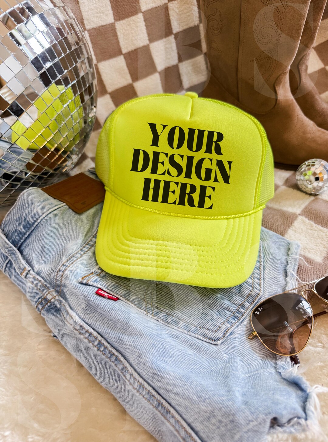 Neon Yellow Otto Trucker Hat Mockup Neon Hat Mock Beach Hat Trucker Hat ...