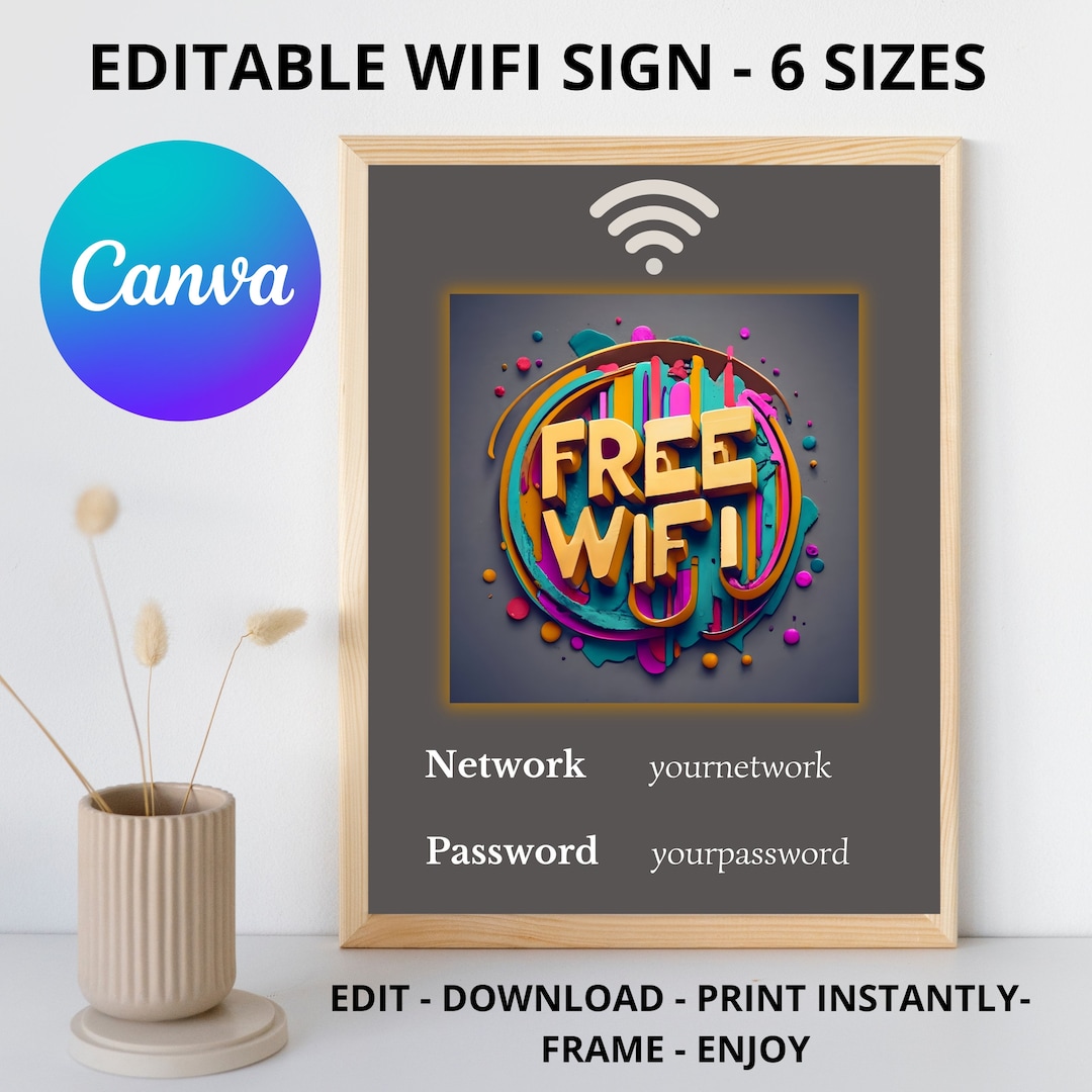 Free WIFI Editable Canva Template Password Sign for Airbnb Café Pub Office Shop Guest Room B&B ...