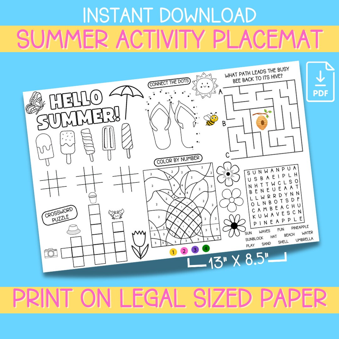 Summer Activity Placemat Coloring Page Printable Table Mat Quiet ...