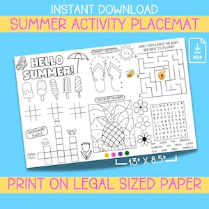 Summer Activity Placemat Coloring Page Printable Table Mat Quiet ...