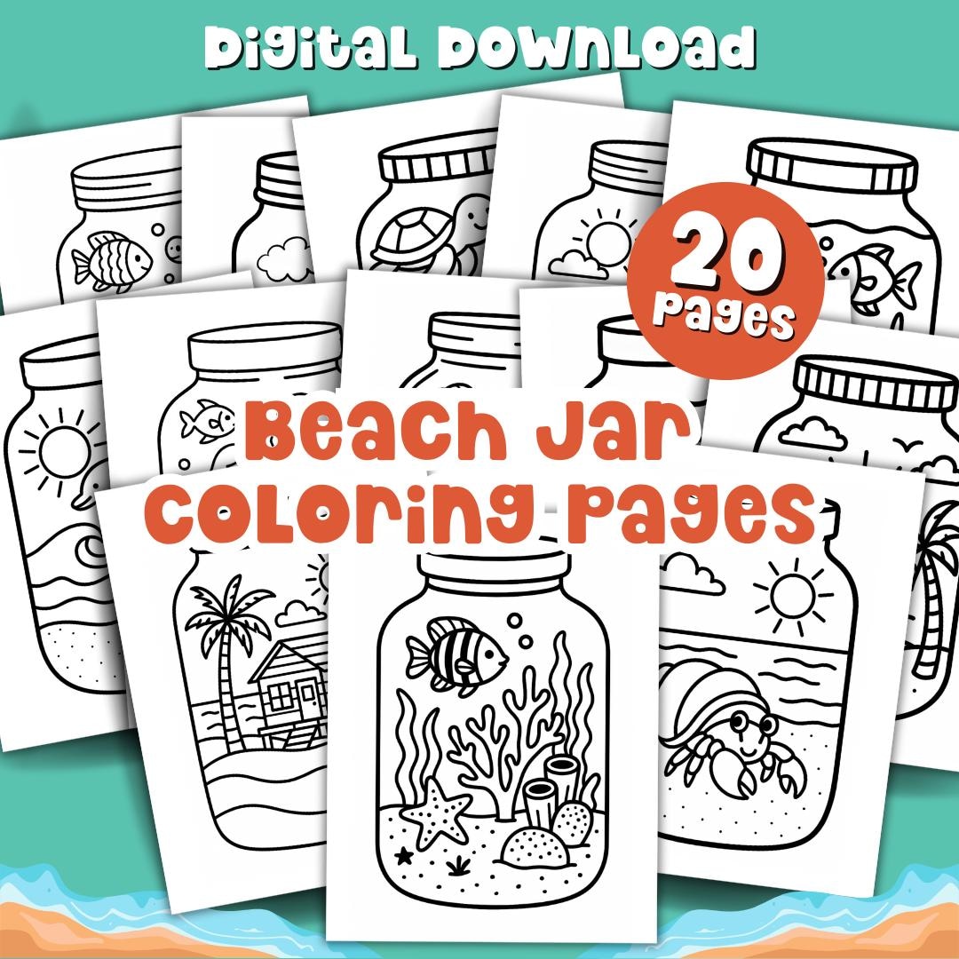 Jar Coloring Beach Theme Summer Fun Activity Toddler Coloring Printable ...
