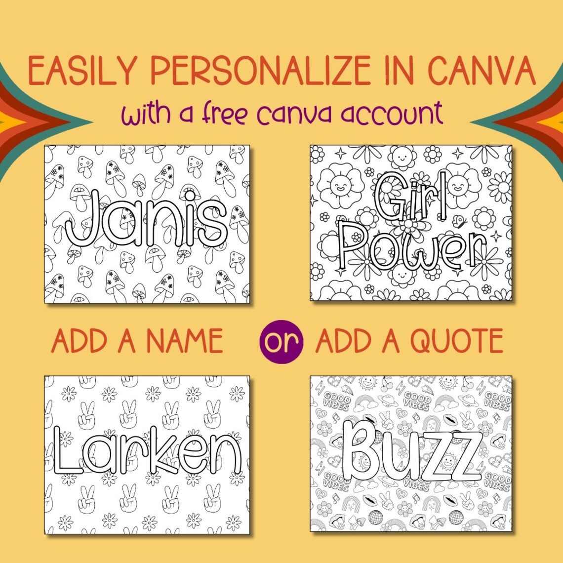 Editable Name Coloring Sheet Hippie Theme Coloring Page Printable ...