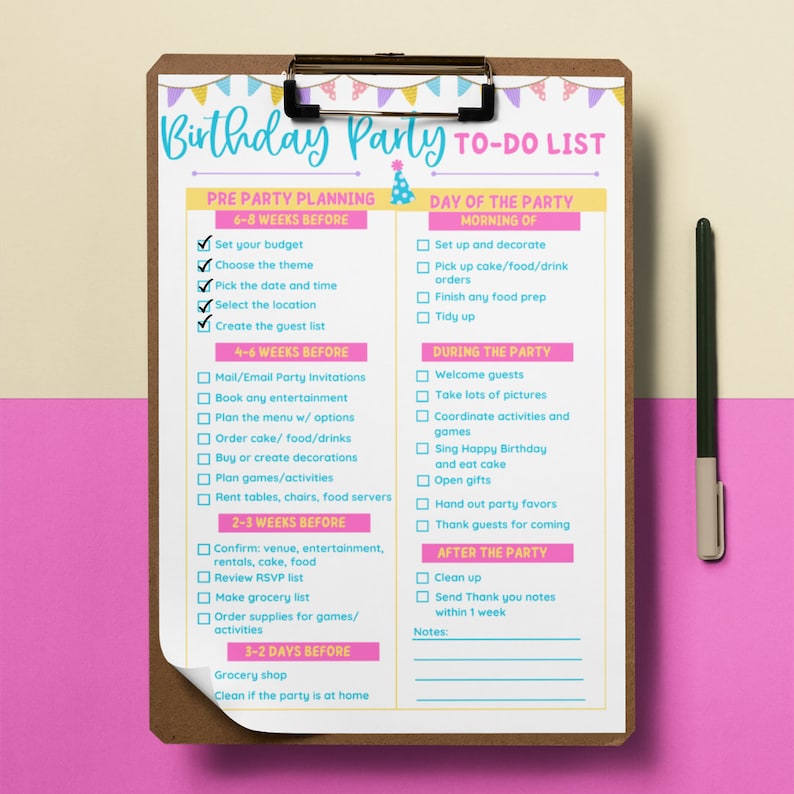 Birthday Party Checklist Printable Party Planner Checklist for Guest ...