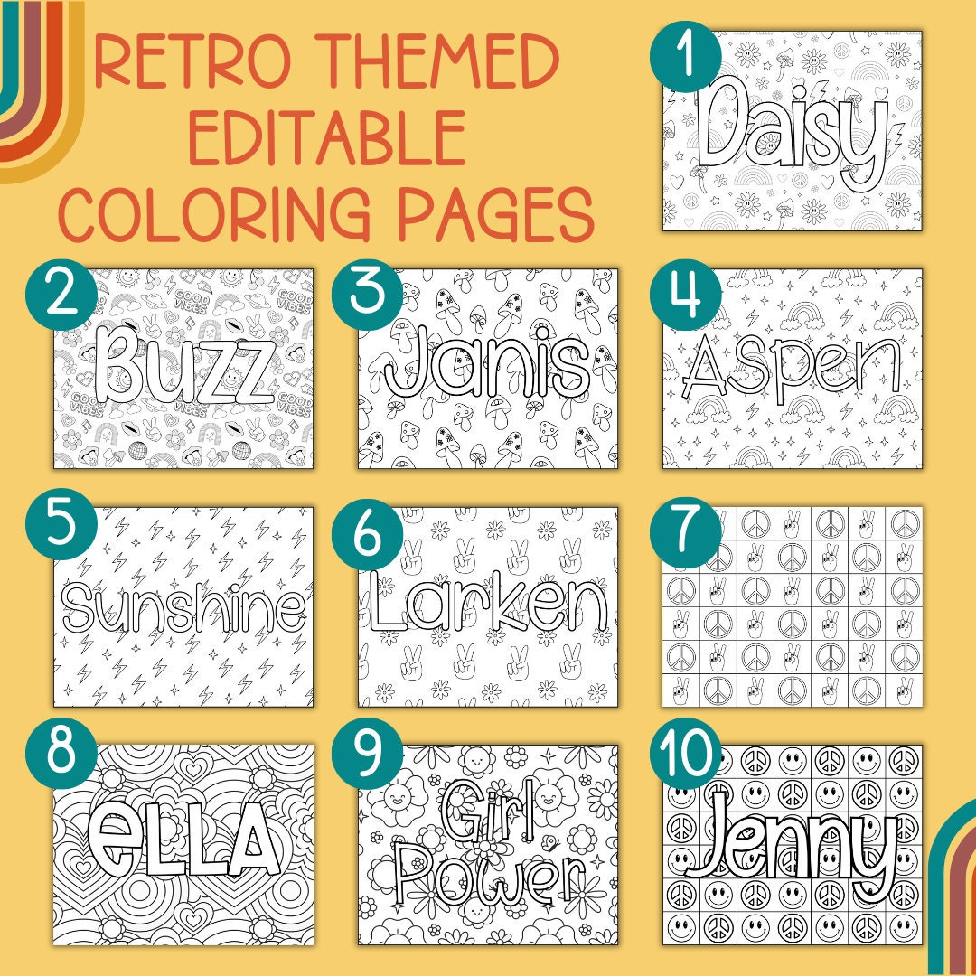 Editable Name Coloring Sheet Hippie Theme Coloring Page Printable ...