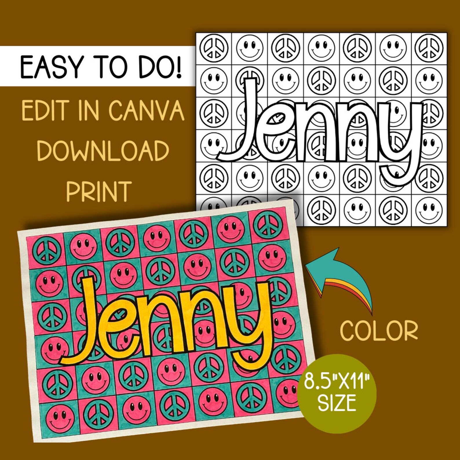 Editable Name Coloring Sheet Hippie Theme Coloring Page Printable ...