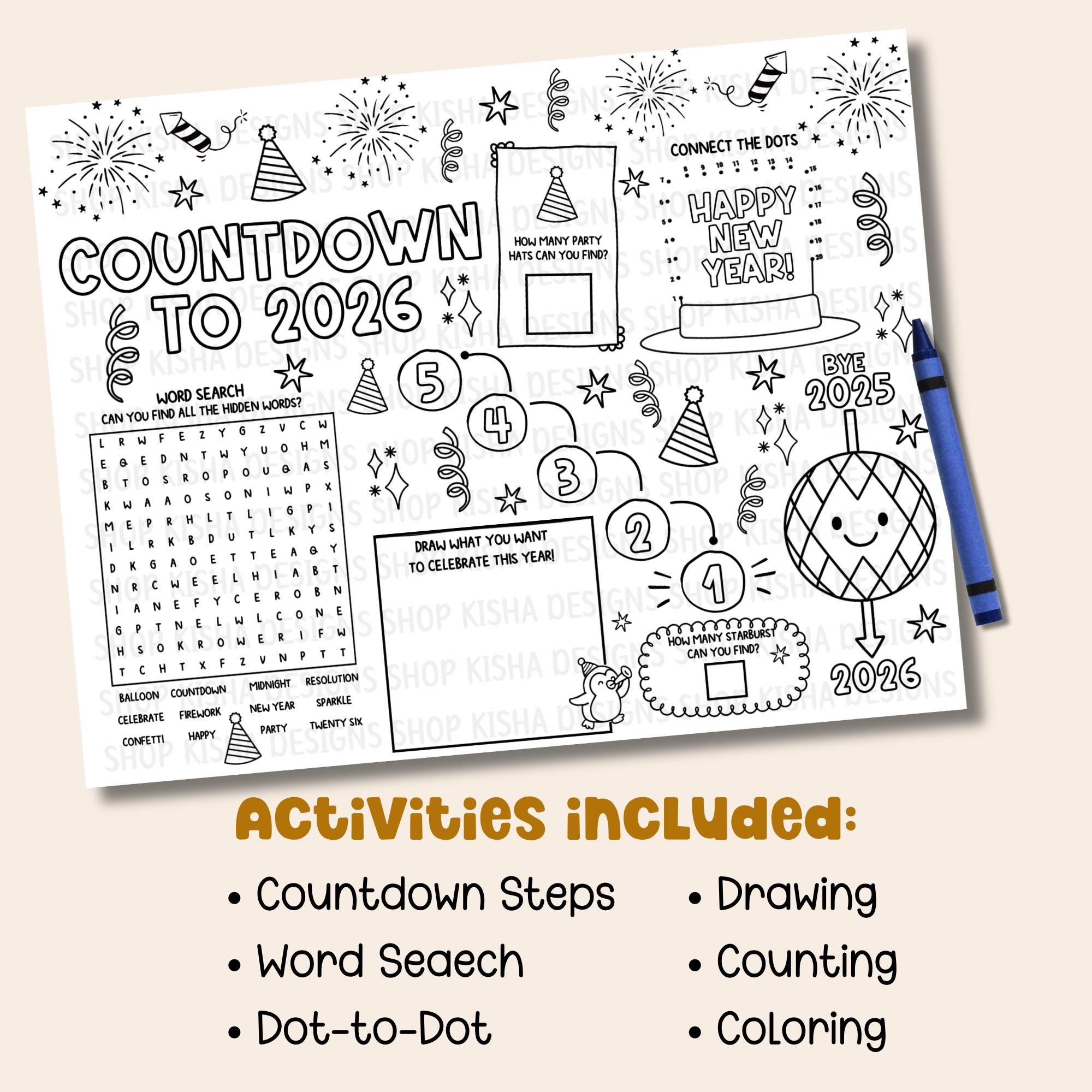 New Years Activity Placemat Coloring Sheet Quiet Activity for Kids ...