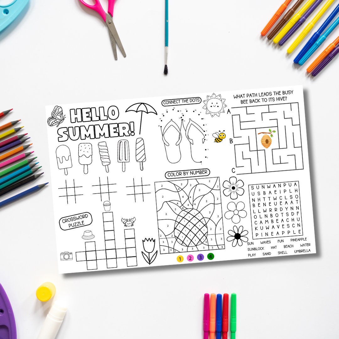 Summer Activity Placemat Coloring Page Printable Table Mat Quiet ...