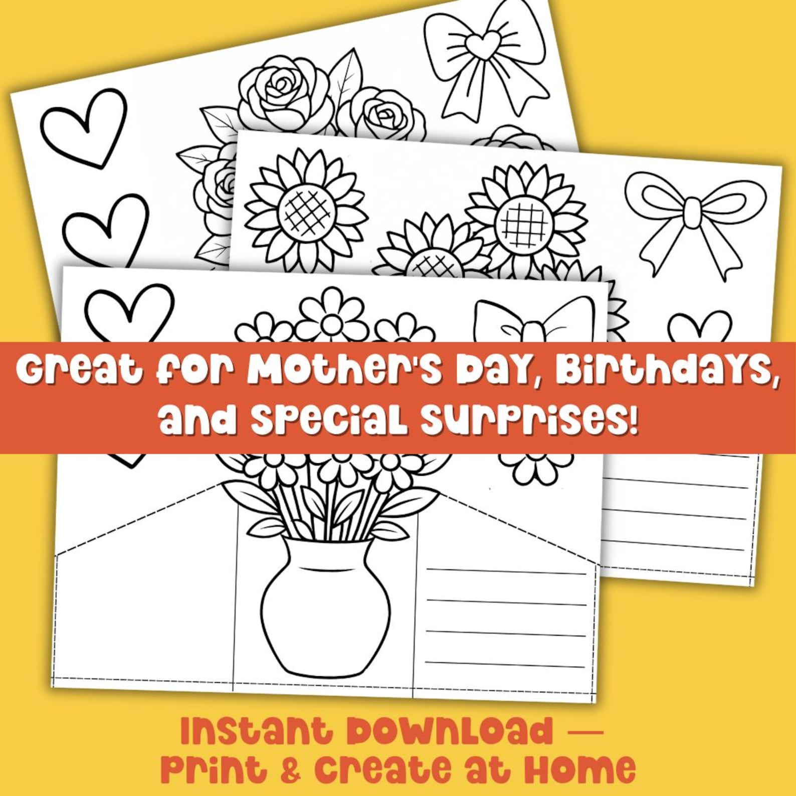 Mother’s Day Coloring Card Printable Bouquet Flowers DIY Kid Craft ...