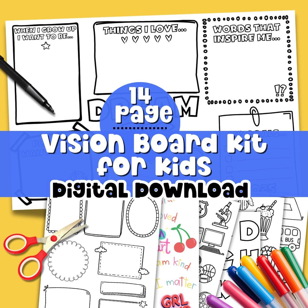 Printable Kid Vision Board Kit Goal Setting Board Coloring Activity Kid ...