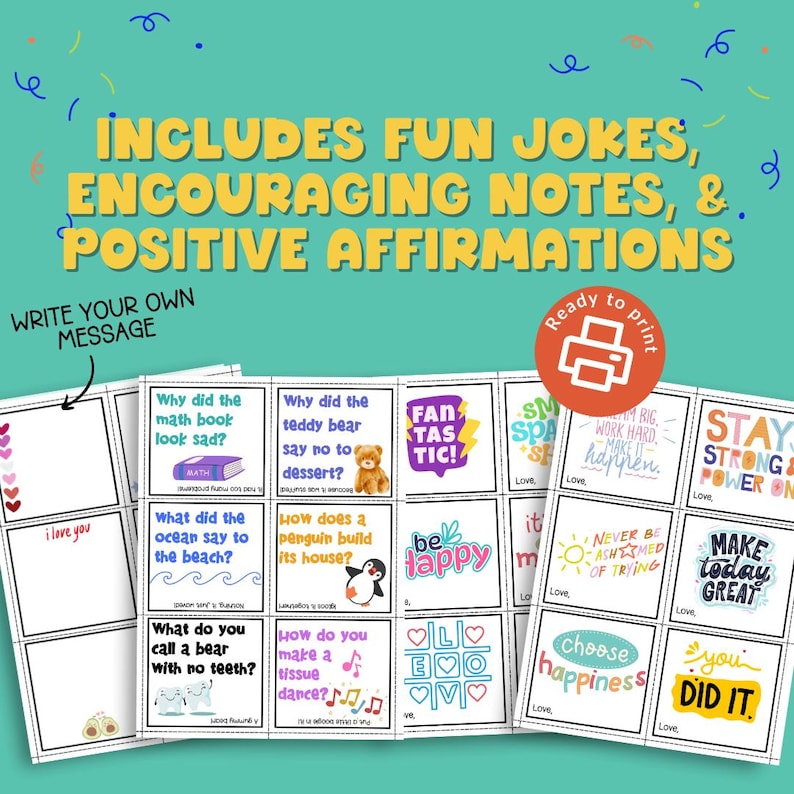Printable School Lunch Note Assorted Card Kid Positive Affirmation ...