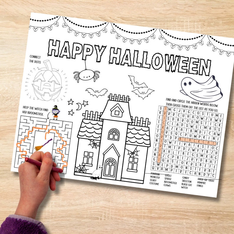 Kid Halloween Activity Placemat Printable Halloween Game Paper Placemat ...