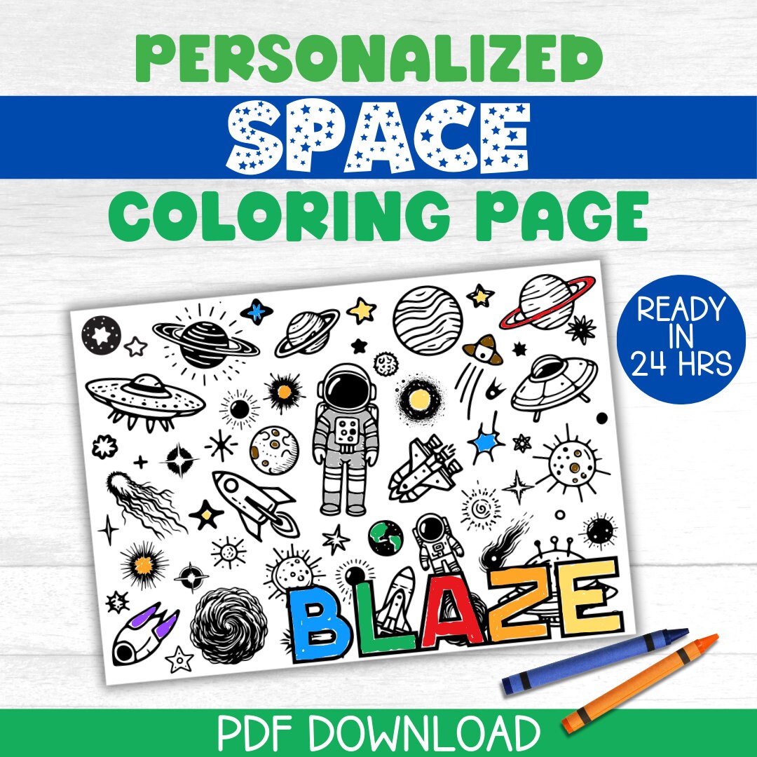 Space Theme Personalized Coloring Page Space Birthday Coloring Sheet ...