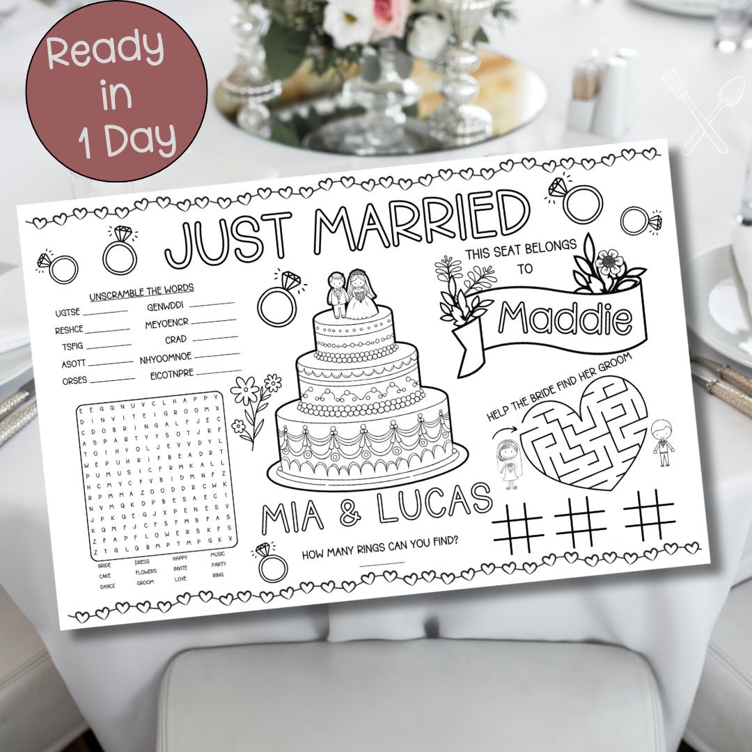 Custom Kid Wedding Activity Coloring Placemat Wedding Table Game Word ...