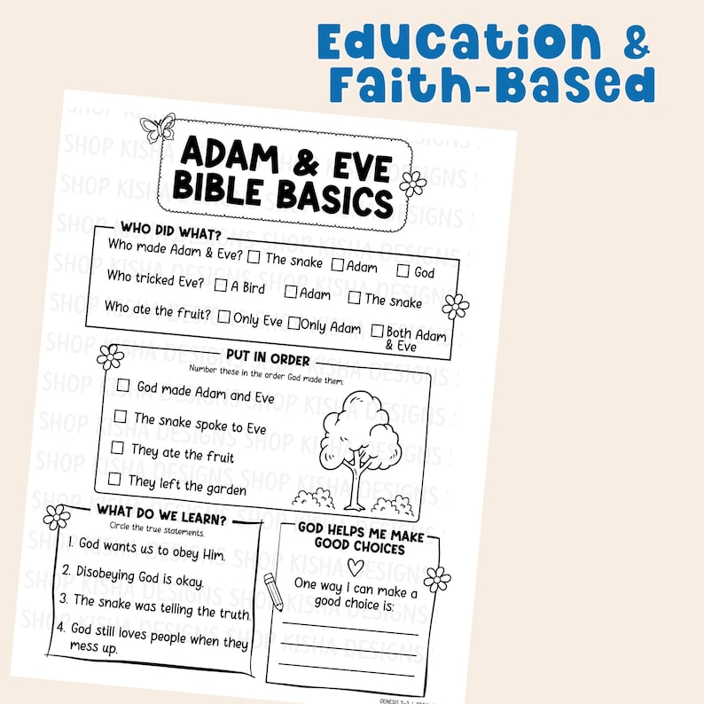 Adam and Eve Bible Lesson for Kids Printable | Sunday School Activity ...
