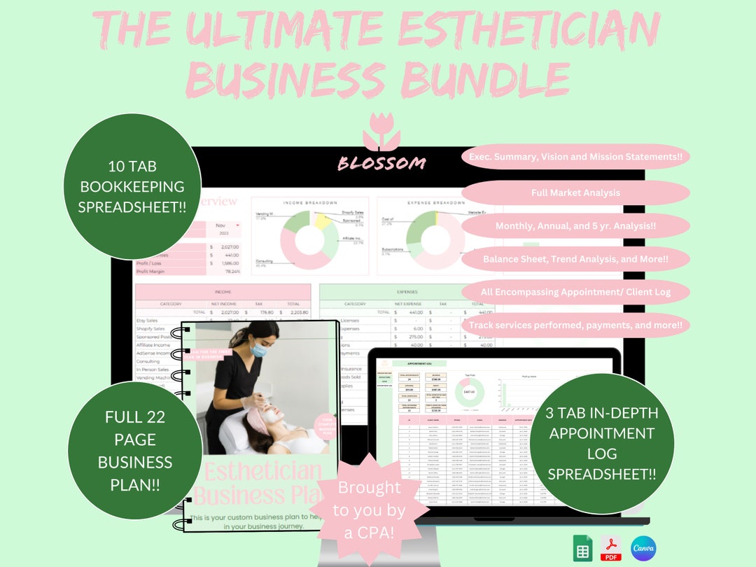 Esthetician Buisness Plan, Esthetician Bookkeeping Template ...