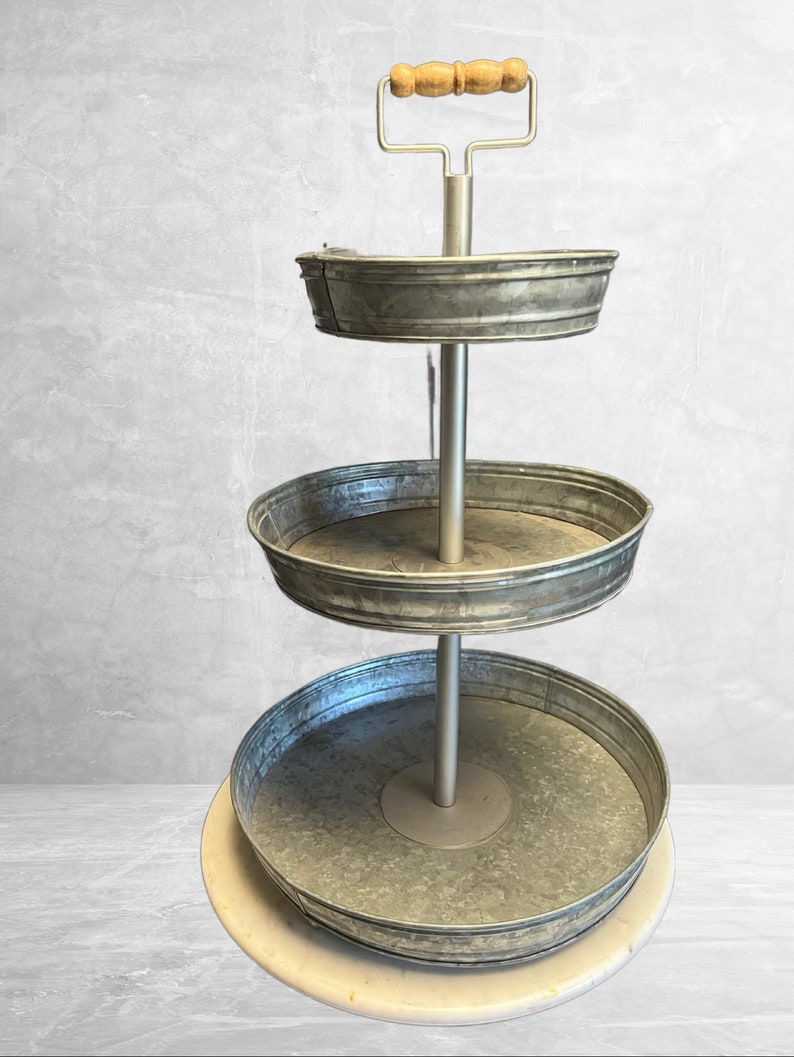 3 Tier Galvanized Steel Serving Tray With Handle Rustic Vintage ...