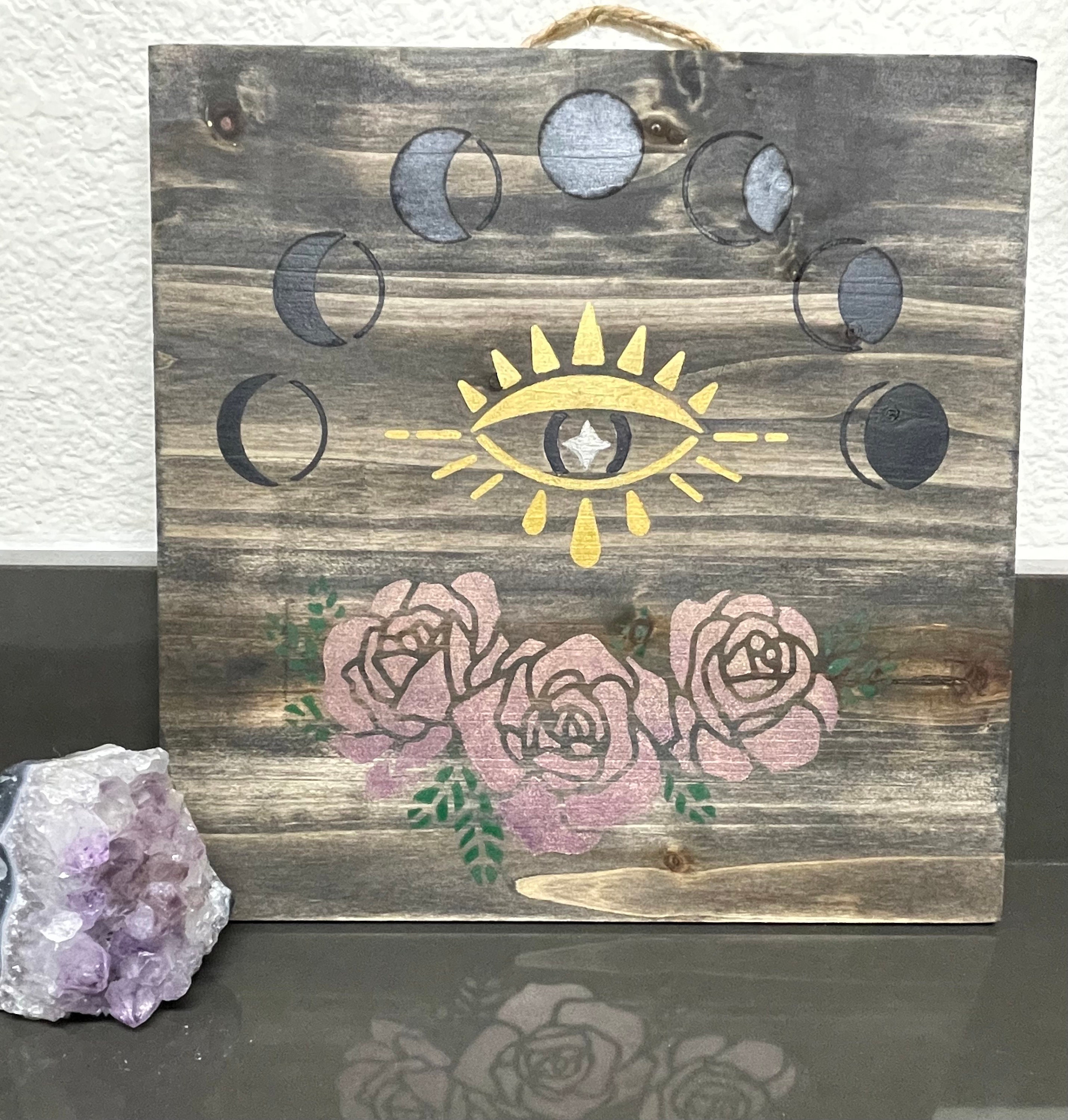 Phases of the Moon and Purple Roses - 10”x10” Painting - Etsy