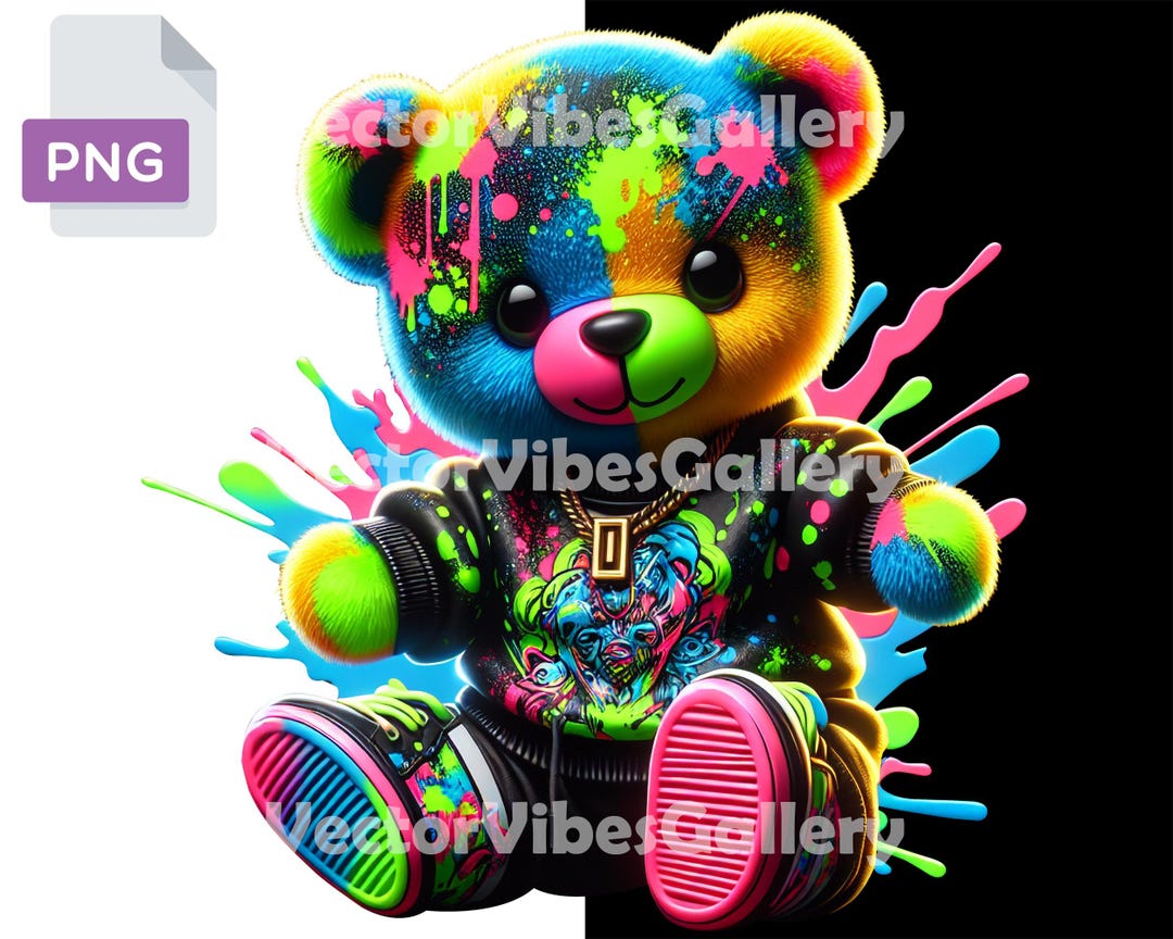 Colorful Neon Teddy Bear Png, Urban Streetwear Sublimation Design, Hip ...