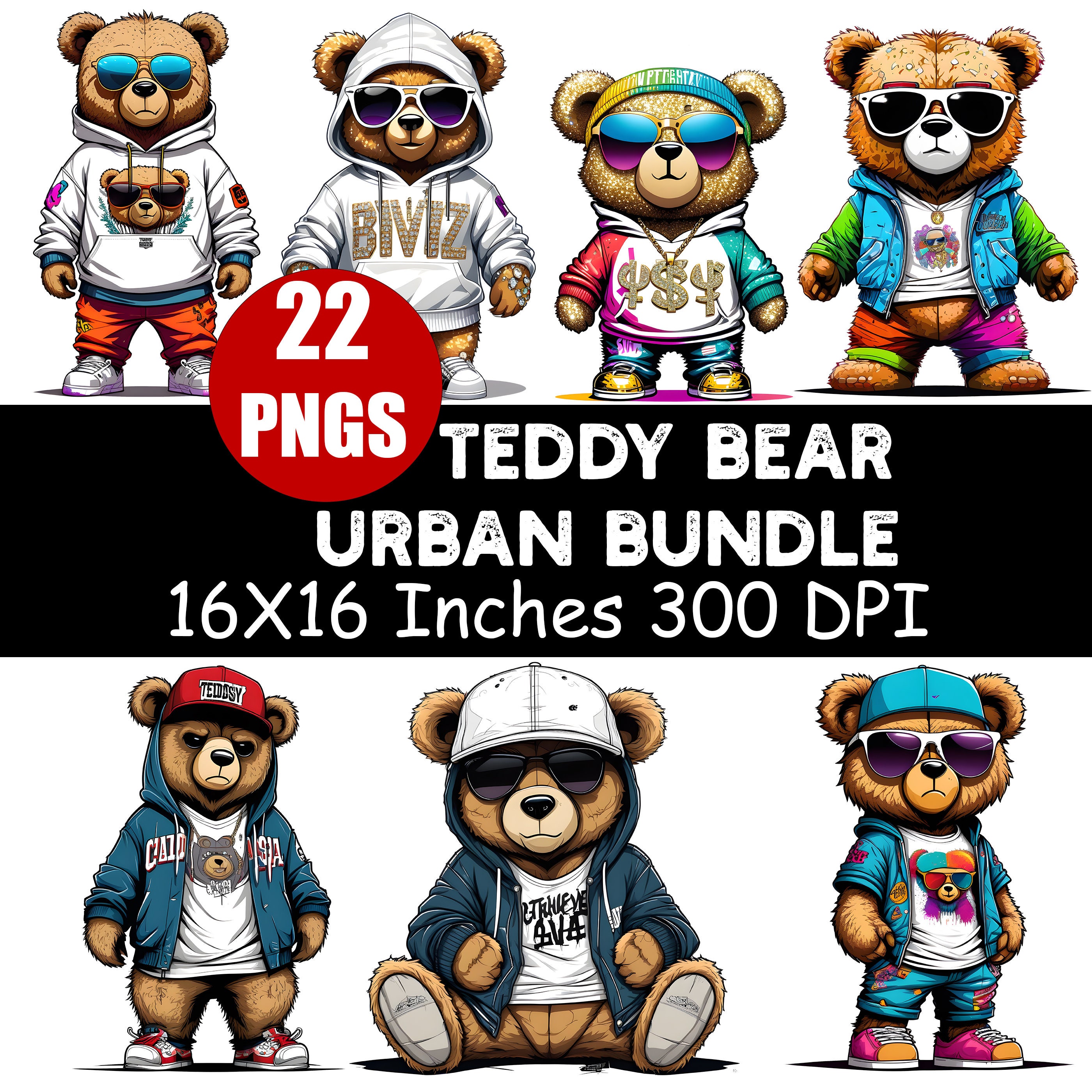 Teddy Bear Urban Png Bundle, Streetwear Sublimation Design, Gangsta, Hip Hop, for T-shirt, Free ...