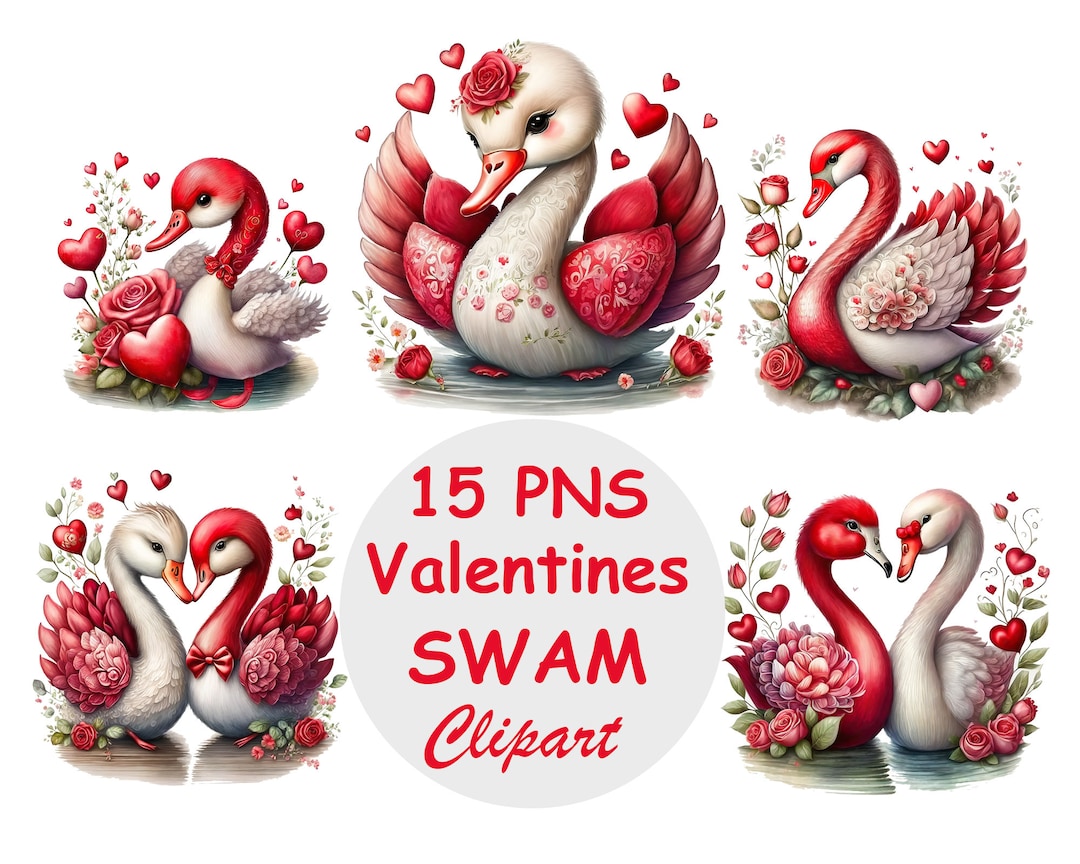 15X Cute Printable Valentines Swan Print Png Bundle, Digital Vintage ...