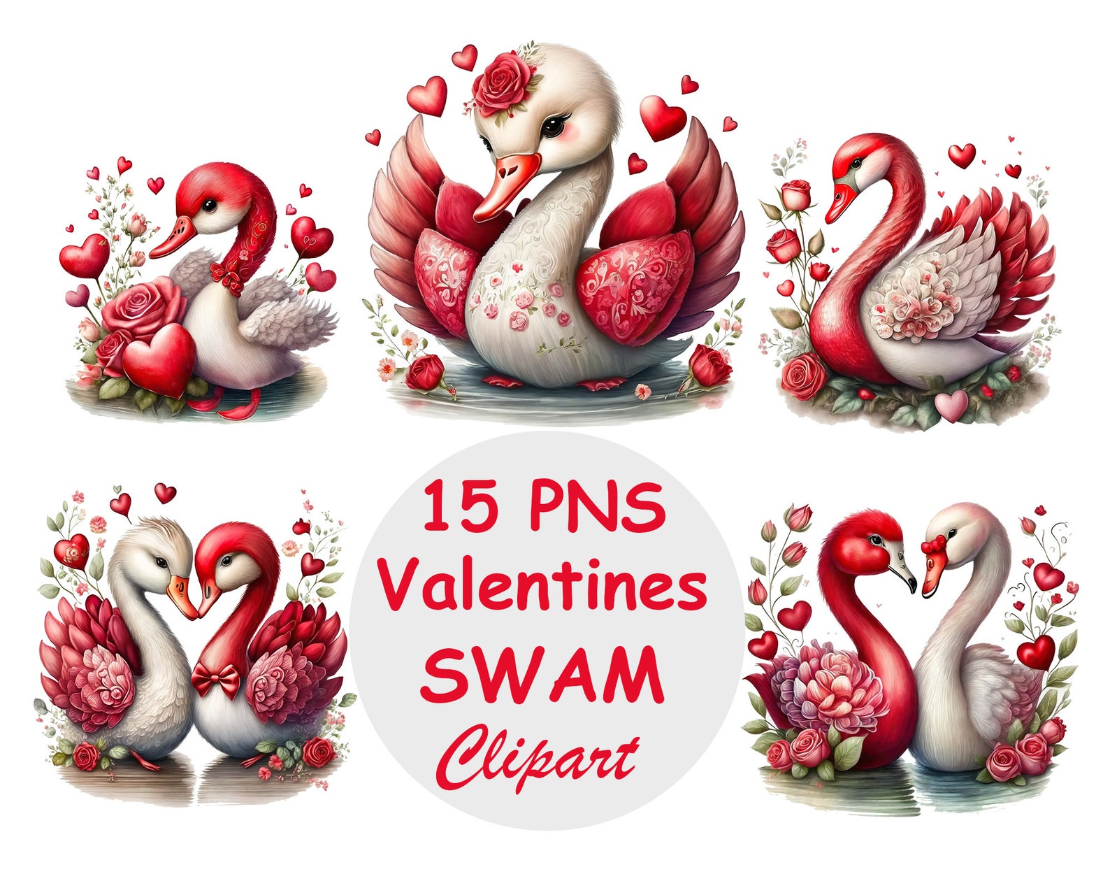 15X Cute Printable Valentines Swan Print Png Bundle, Digital Vintage ...