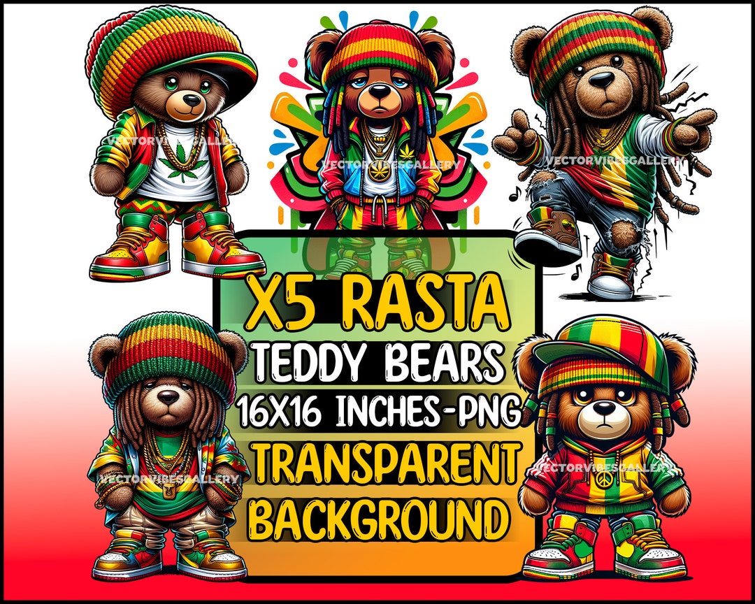 X5 Rasta Teddy Bears Png Bundle, Urban Sublimation Designs, Black ...