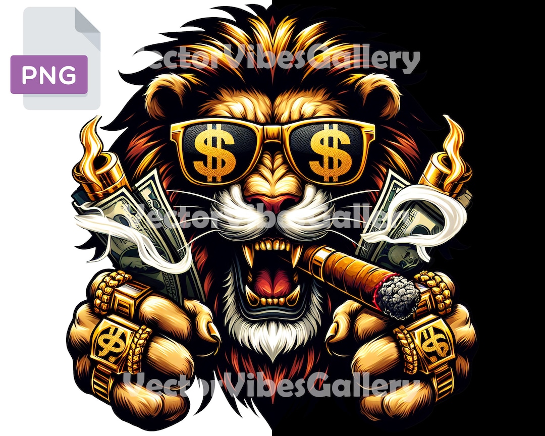 Gangster Lion With Cigar Png, Urban Sublimation Design, Money Bills ...