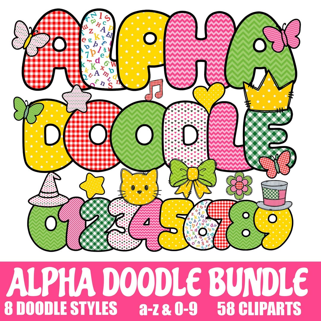 Colorful Patterned Alpha Doodle Bundle: Hand Drawn Letters and Numbers ...
