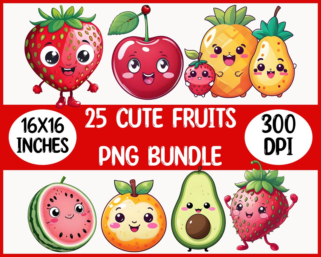 Cute Fruits Png Bundle, 25 Digital Clipart, Transparent Background ...
